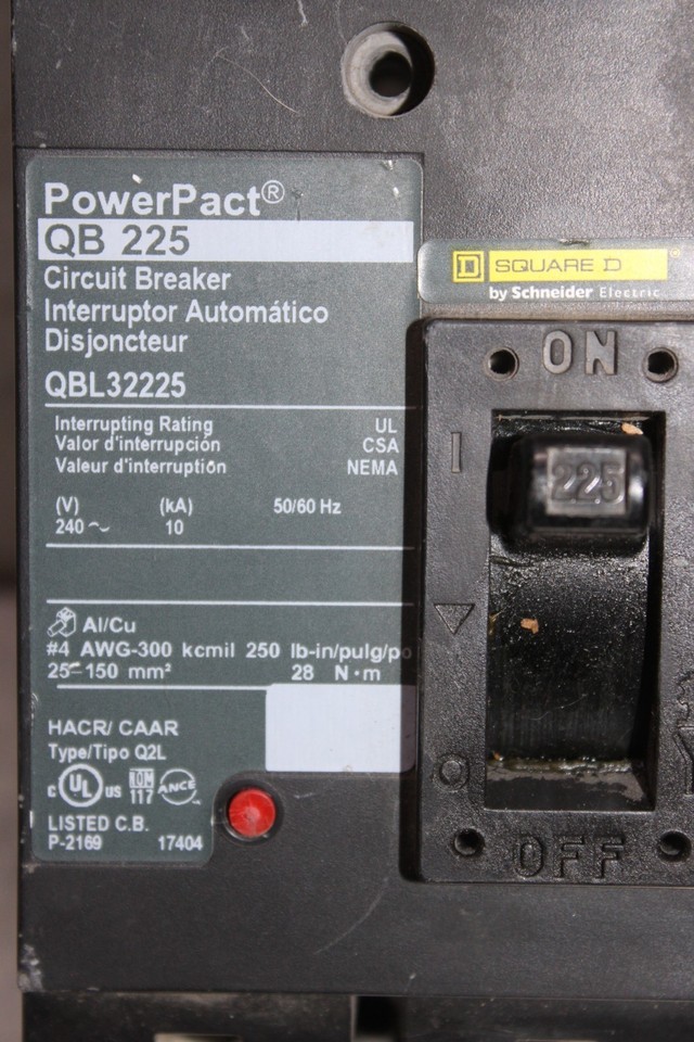 SQUARE D POWERPACT CIRCUIT BREAKER QBL32225 225 AMP 240 VAC 3-POLE QB ...