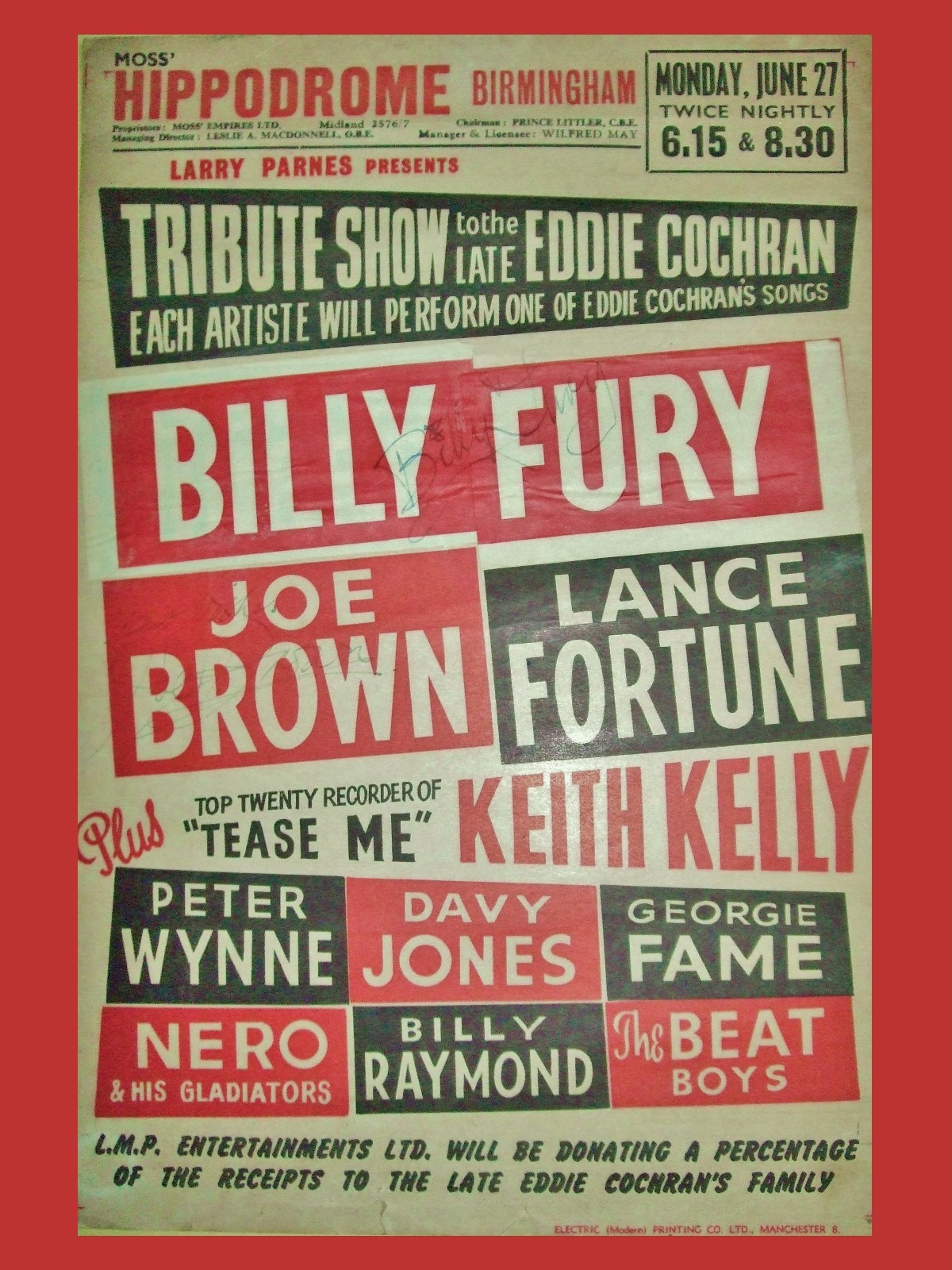 Billy Fury Cochran Tribute Show 16" x 12" Photo Repro Concert Poster ...