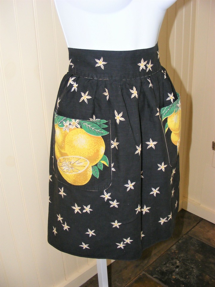 40S APRON ORANGE BLOSSOMS ORANGES BLACK COTTON 1940S HOME KITCHEN ...