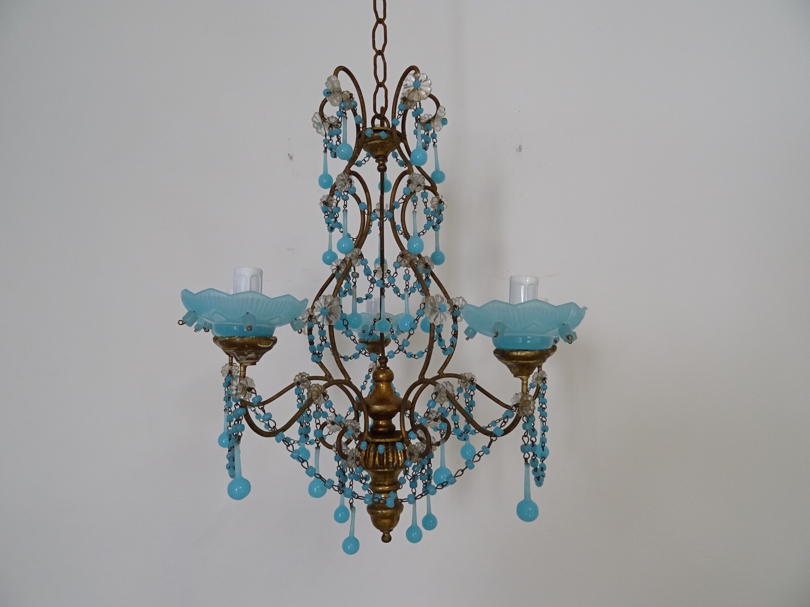 ~French Murano Blue Bobeches Drops & Beads Opaline Beaded Chandelier, c ...