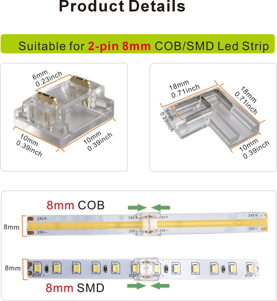 24 PCS 2-Pin 8mm Straight L-Shape LED Strip Connectors for Single Color ...
