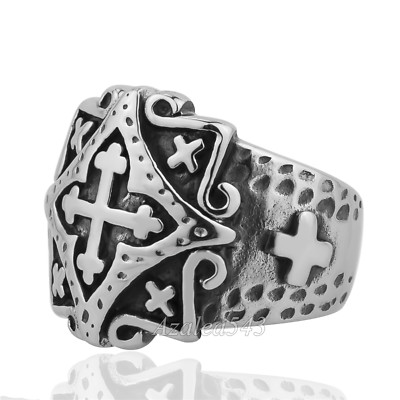 Men's Vintage Silver Coptic Christian Cross Stainless Steel Shield Ring ...