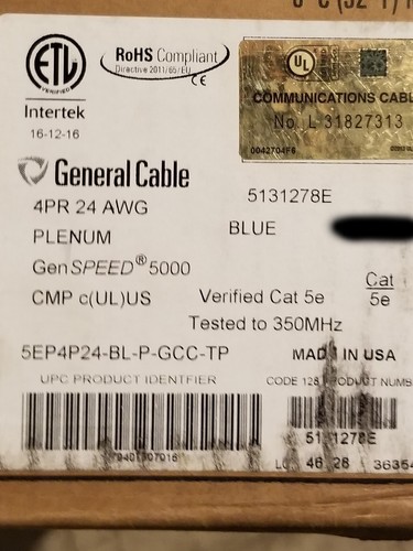Cat5e Plenum General Cable 5131278E GenSPEED 5000 Cable 1000' Blue for ...