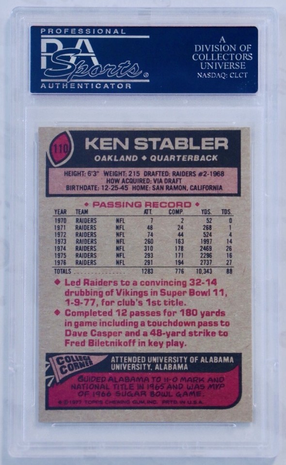1977 Topps Ken Stabler All-Pro #110 PSA 9 Mint OC HOF Oakland Raiders ...