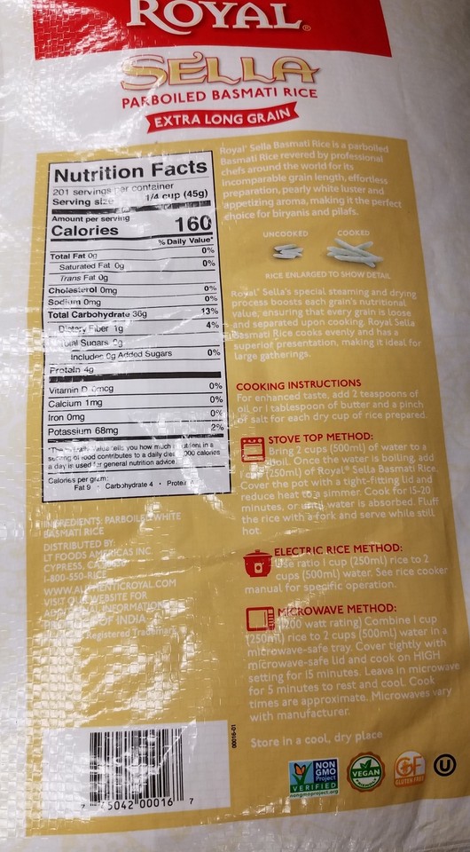20 Lbs ROYAL SELLA Parboiled NON-GMO Extra Long Grain EZ-Cook White ...