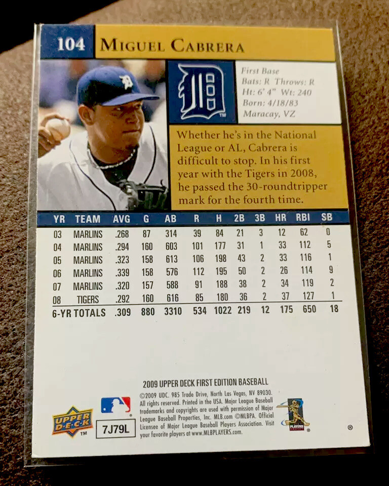 Miguel Cabrera 2009 Upper Deck First Edition Card #104, Detroit Tigers ...