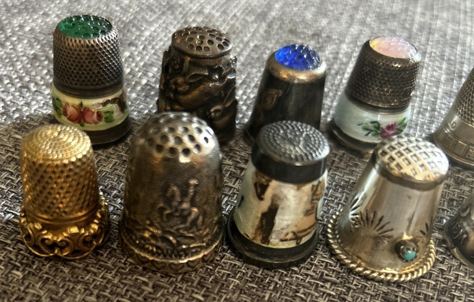Lot Vintage Sterling Silver Thimbles + 14K Gold Filled Antique Enamel ...