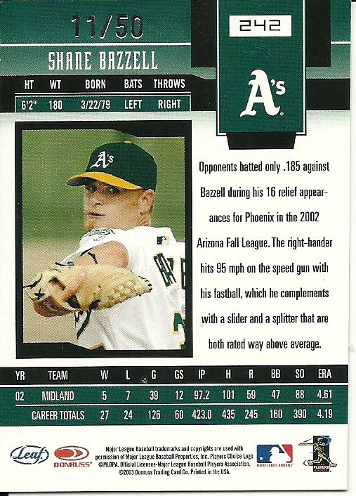 2003 Leaf Certified Materials Mirror Blue Shane Bazzell 242 Athletics ...