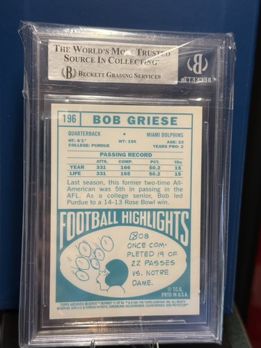 2001 Topps Archives Reserve Bob Griese Signed Auto Beckett BAS Rare ...