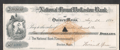 Au 20 1880 revenue stamped paper check National Mount Wollaston Bank ...
