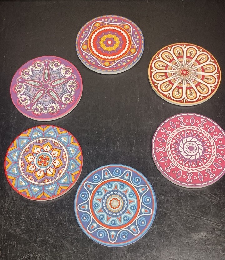 Set Of 6 Boho Colorful Mandala Absorbent Stoneware Cork Backed Coasters ...