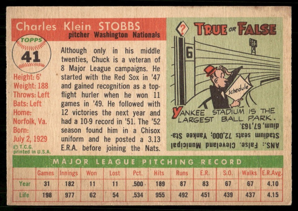 1955 Topps #41 Chuck Stobbs Washington Senators EX-EXMINT+ NO RESERVE ...