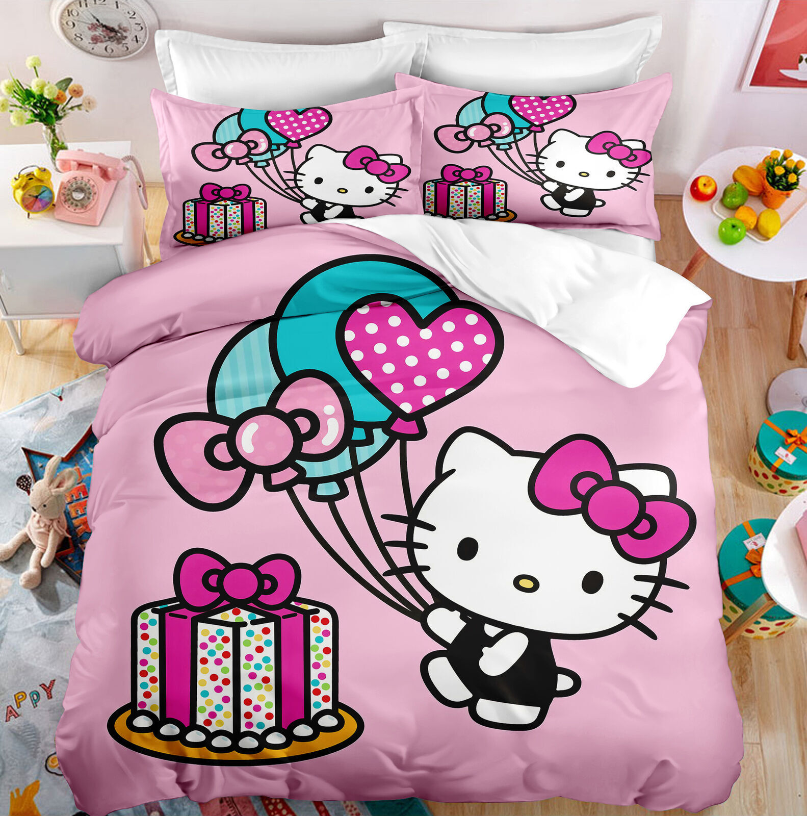 Hello Kitty Cat Print Duvet Quilt Cover Pillowcase Bedding Set Cartoon ...