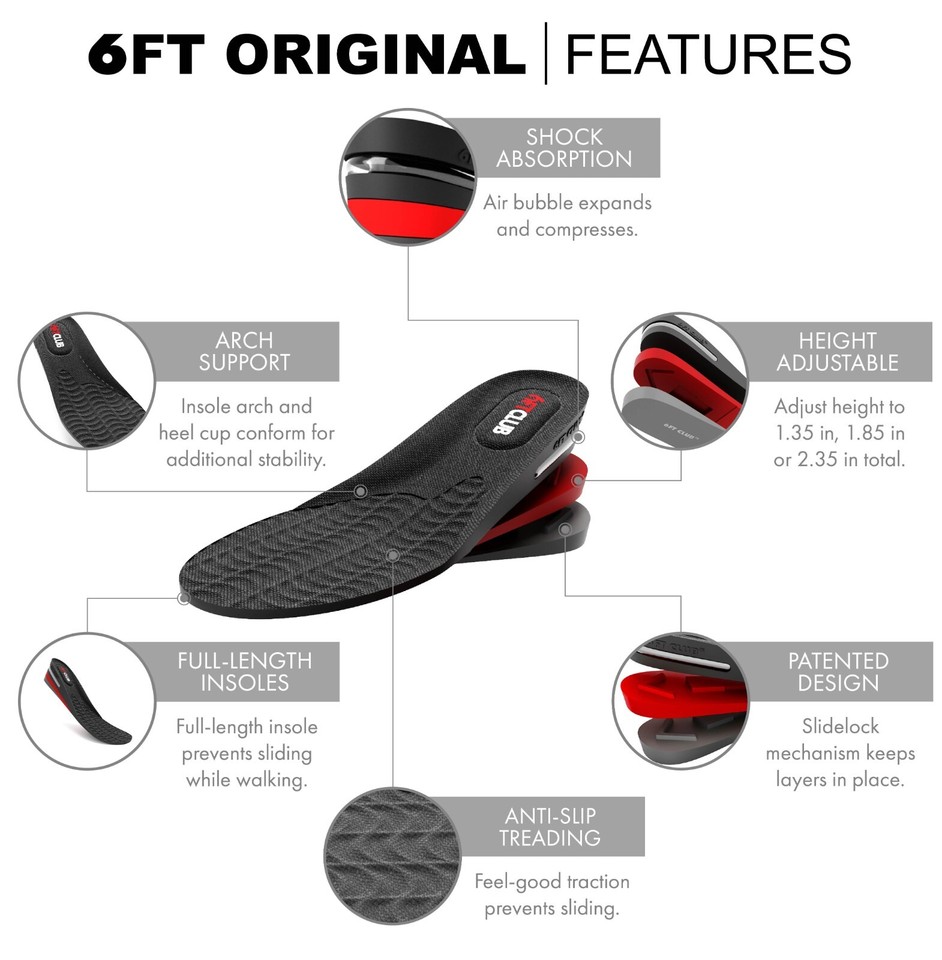 6FT CLUB Height Increase Insole 2.35 inch Adjustable Taller Elevation ...