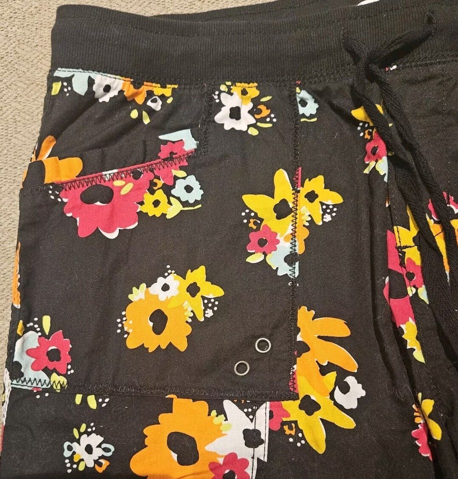 Dash Womens Black Multi Color Floral Elastic Waist Capris Size L Cotton ...