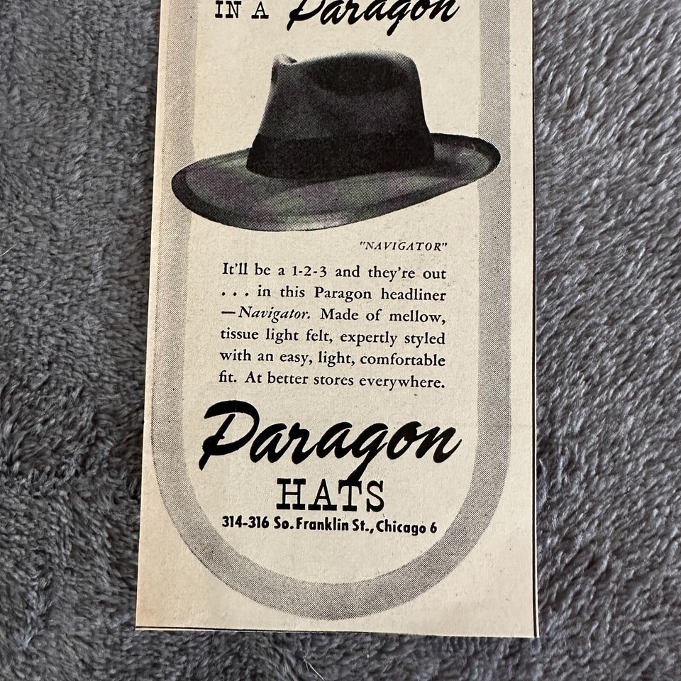 1944 Paragon Hats Navigator Fedora Cartoon Art WWII Era Vintage Print ...