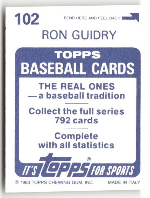 1983 TOPPS STICKERS #102 RON GUIDRY NEW YORK YANKEES | eBay