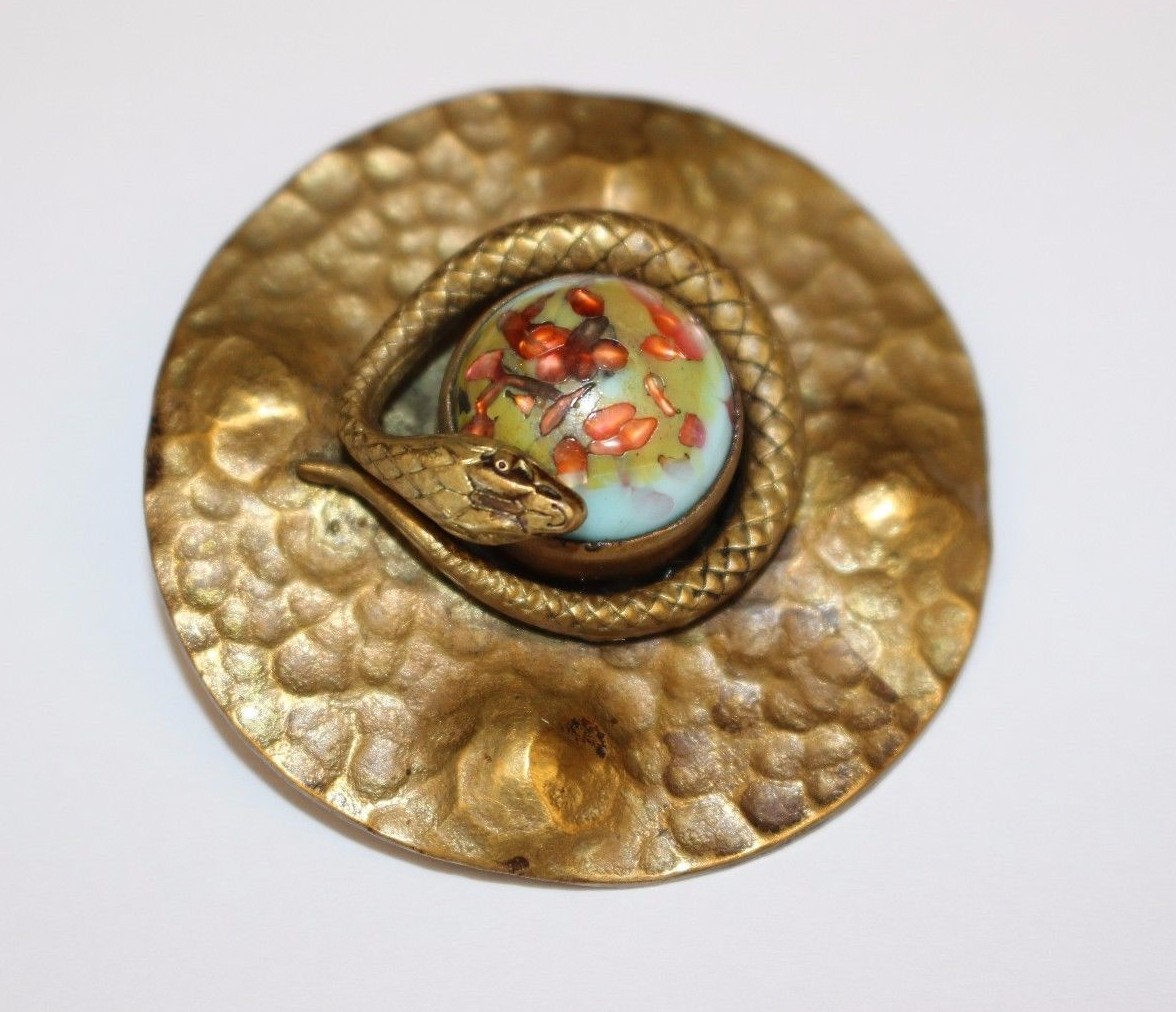 ARTS & CRAFTS Antique Wrought Bronze Brass Marble Glass Snake Brooch ...