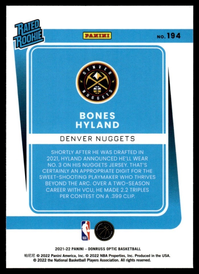 2021-22 Donruss Optic Rated Rookies Bones Hyland Rookie C Denver ...