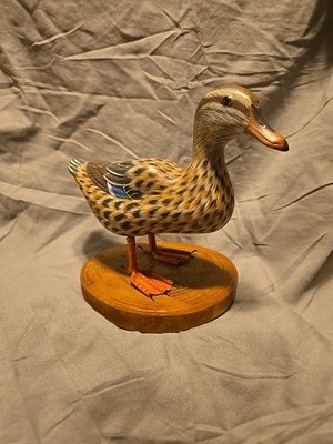 Hand Carved Hand Painted Wooden Duck Figurine Folk Art Decor Crack in ...