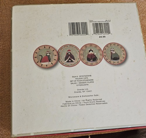 Oneida Salad/Dessert Plates Fiddlestix Holiday Cats Set of 4 w/Box NEW ...