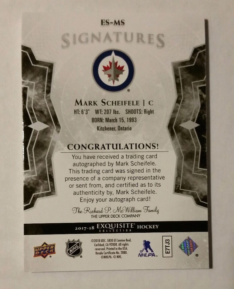 2017-18 Upper Deck Exquisite Collection Signatures ES-MS Mark Scheifele ...