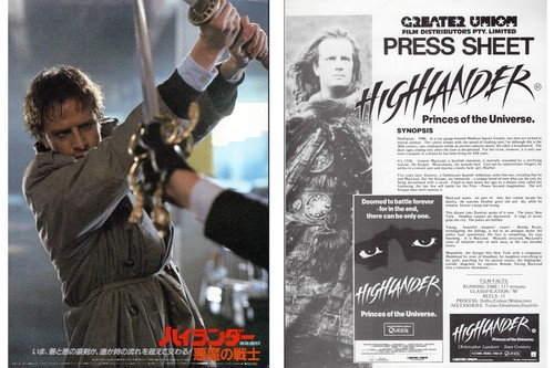 ^ AUSSIE PRESS SHEET + CHIRASHI: HIGHLANDER '86 Christopher Lambert ...