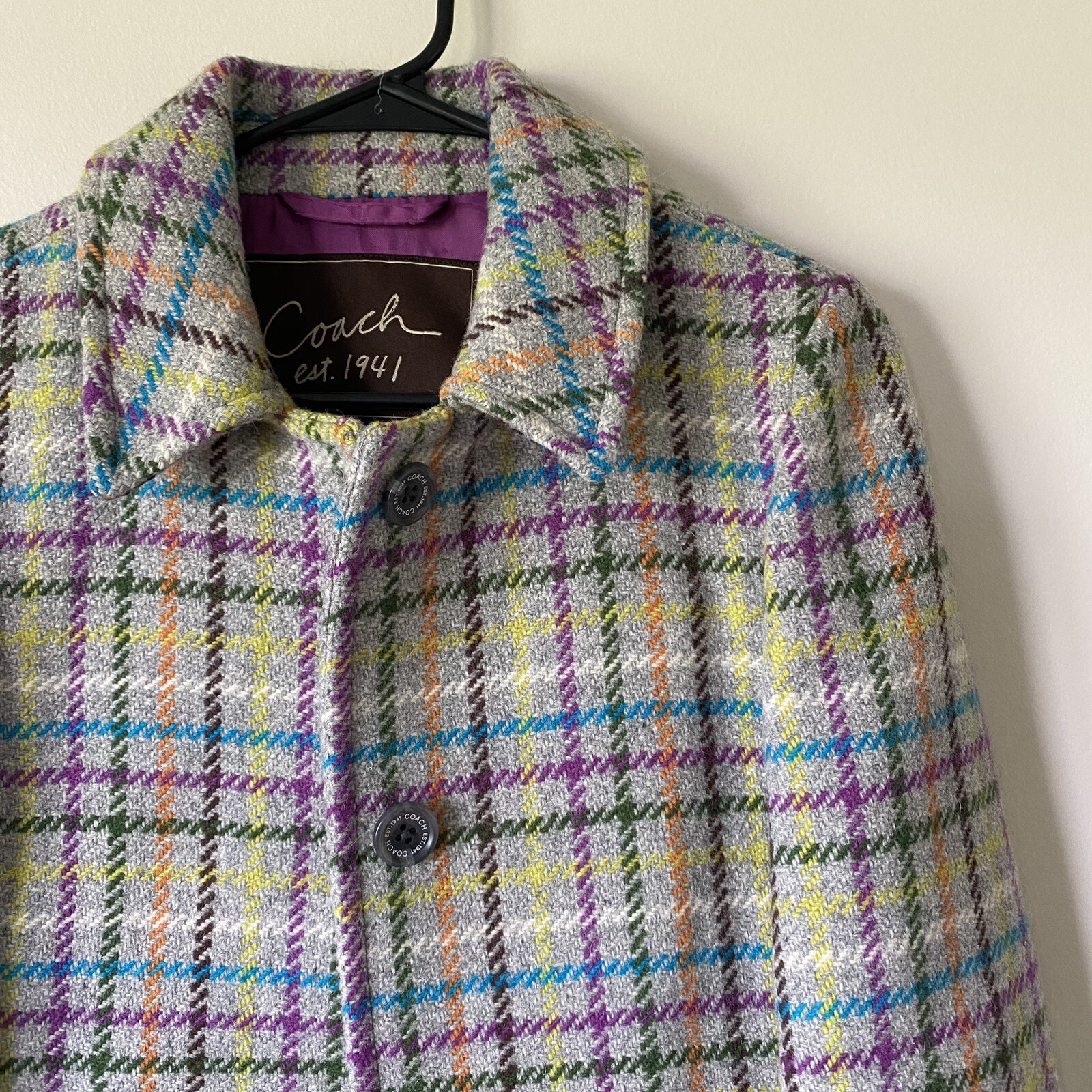 COACH WOOL TARTAN TATTERSALL MULTICOLOR COLORS CHECKS PEACOAT COAT ...