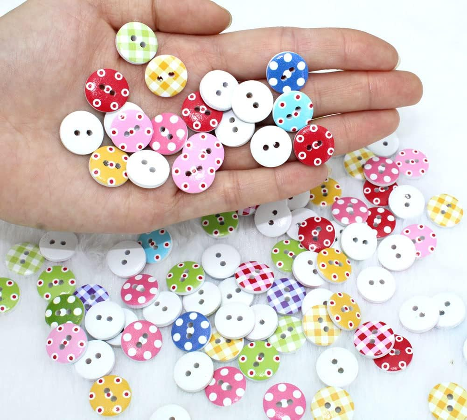100Pcs 15Mm Mixed with Dots and Wooden Buttons 2 Holes Craft Buttons ...