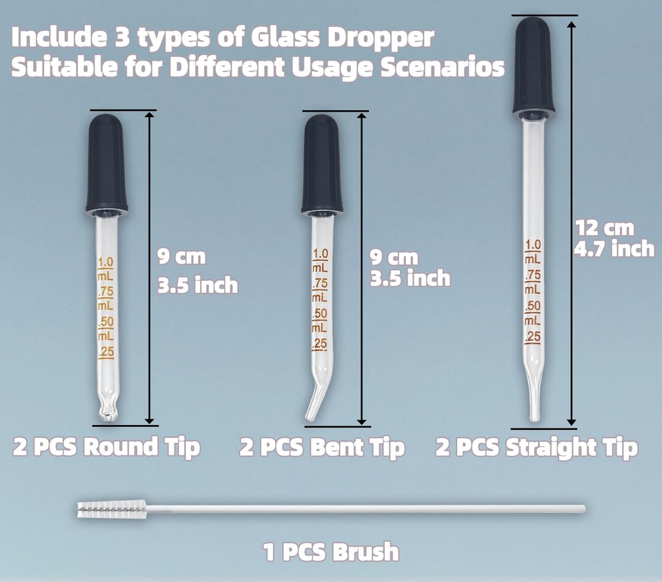 6 Pack Glass Pipette Dropper with Brush - Bent & Straight Tips 1 ml Eye ...