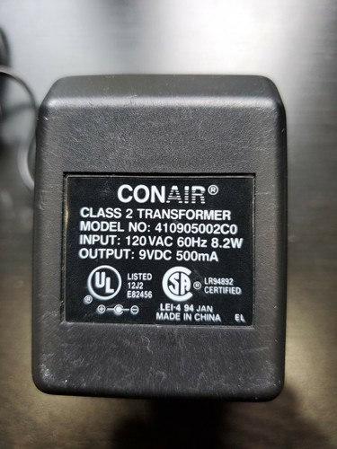 CONAIR Class 2 Transformer 410905002C0 9VDC 500MA POWER SUPPLY ADAPTER ...