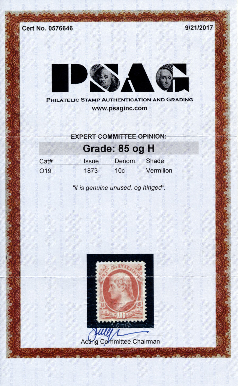 US O19 10c Interior Dept Official 1873 hard paper PSAG grade 85 unused ...