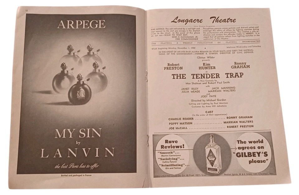 The Tender Trap Longacre Theatre Playbill Nov 1 1954 Kim Hunter Robert ...