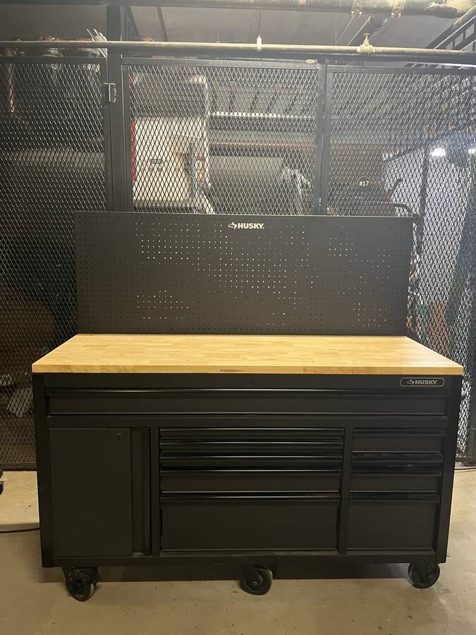 Husky Mobile Workbench 61" 1-Door, 10-Drawer, Hardwood Top, Pegboard ...