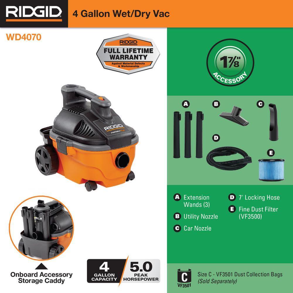 RIDGID Wet Dry Vacuum Blower Port Portable Cleaner Shop Vac 4 Gallon 5. ...