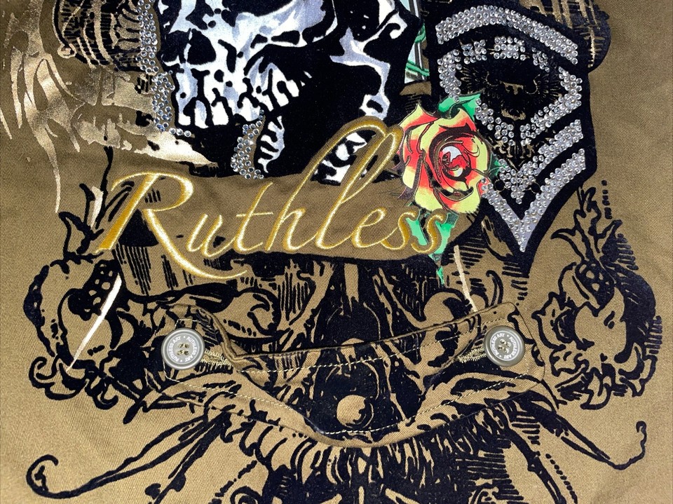 Ruthless Art Skull Military Jacket Army Green Color/Jewels Embroidered ...
