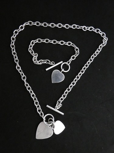 Sterling Silver 925 Chain Link Heart Charm T-Bar NECKLACE & BRACELET 54 ...