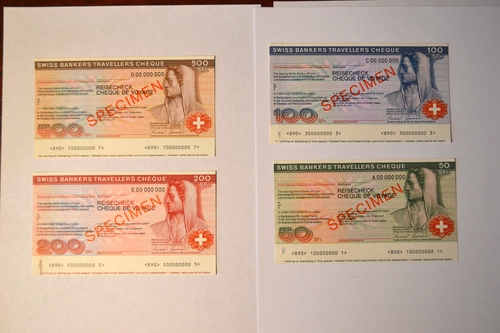 Swiss Bankers Specimen Travelers Checks. Four Examples. 500, 200, 100 ...
