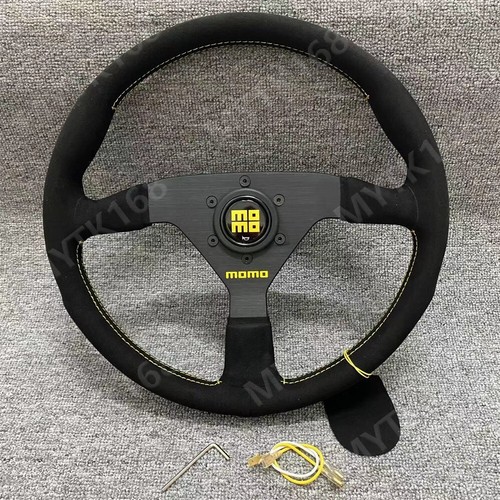 MOMO yellow Horn Style Suede Leatne Flat bracket Racing Steering wheels ...