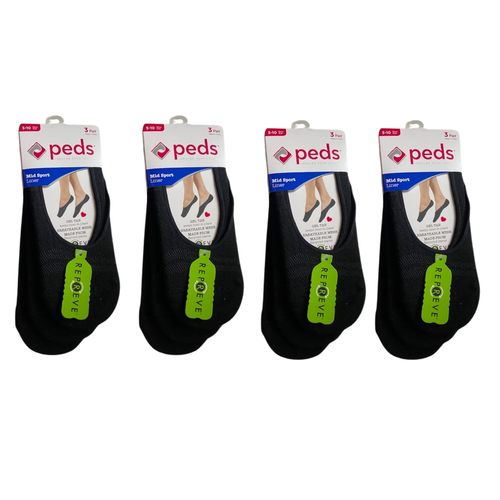 PEDS 12 PAIR Black Mid Sport Liner Socks - Breathable Mesh - GEL TAB ...