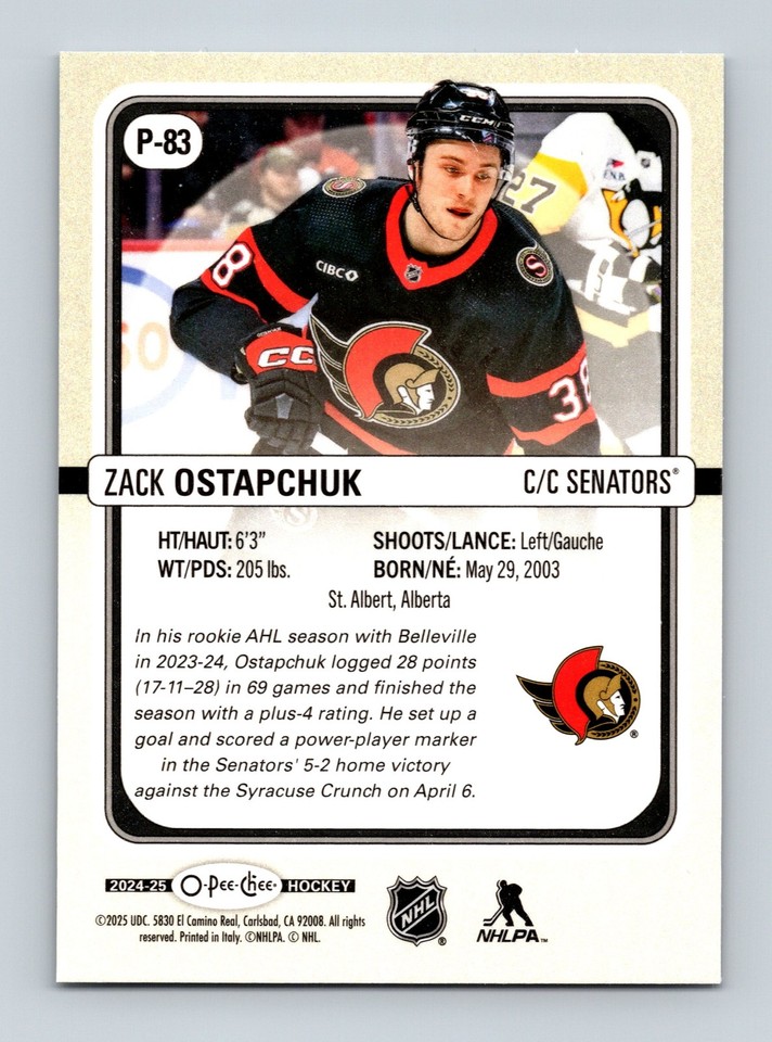 2024-25 O-Pee-Chee Premier Rookie #P-83 Zack Ostapchuk Ottawa Senators ...