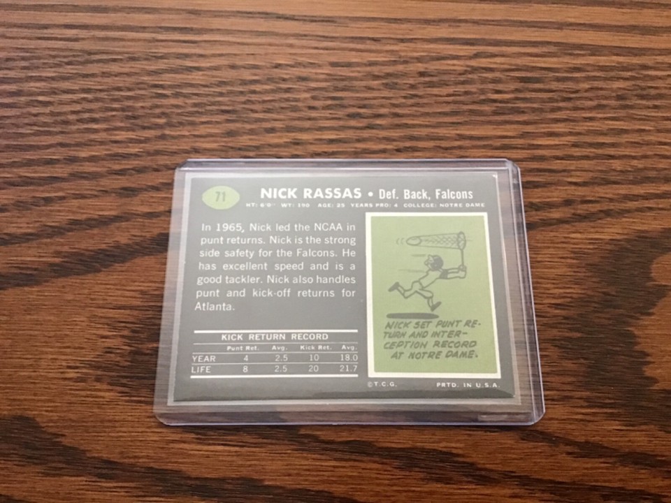 1969 Topps Football Nick Rassas Atlanta Falcons Card #71 Great for ...