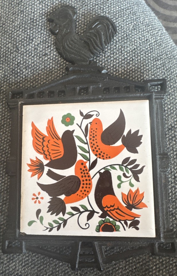 Vtg Cast Iron Ceramic Tile Trivet Orange Birds Kitchen Tools Pot Rest ...