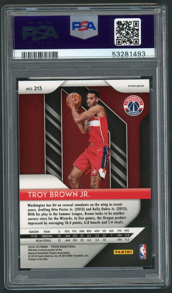 2018 Panini Prizm Troy Brown Jr. Wizards 213 PSA 9 MINT Rookie Card ...