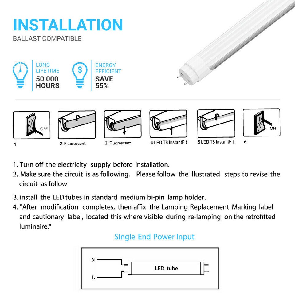 T8 4ft Single Ended Power LED Tube Light Bulbs 22W Frosted Clear 25 ...