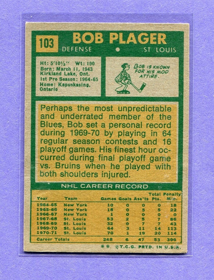 BOB PLAGER ST. LOUIS BLUES 1971-72 TOPPS NHL HOCKEY CARD #103 | eBay