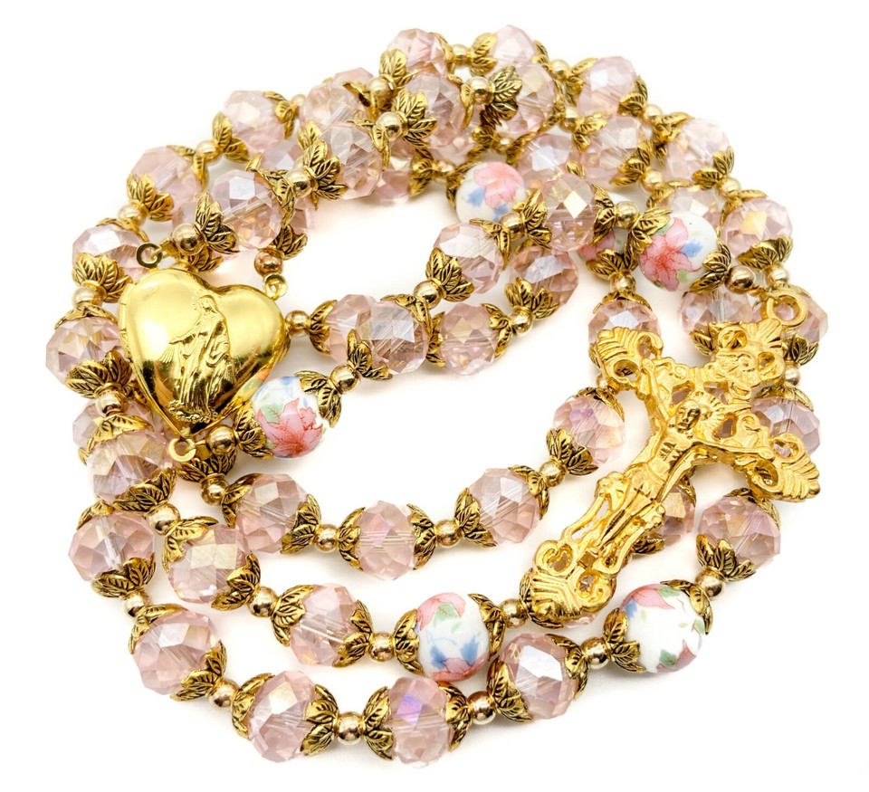 Pink Crystallized Beads Gold Rosary Catholic Holy Mary Locket Medal ...
