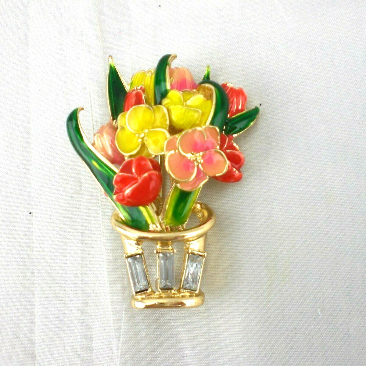 Napier Spring Flower Basket Bouquet Brooch Gold Tone Pin Easter Enamel ...