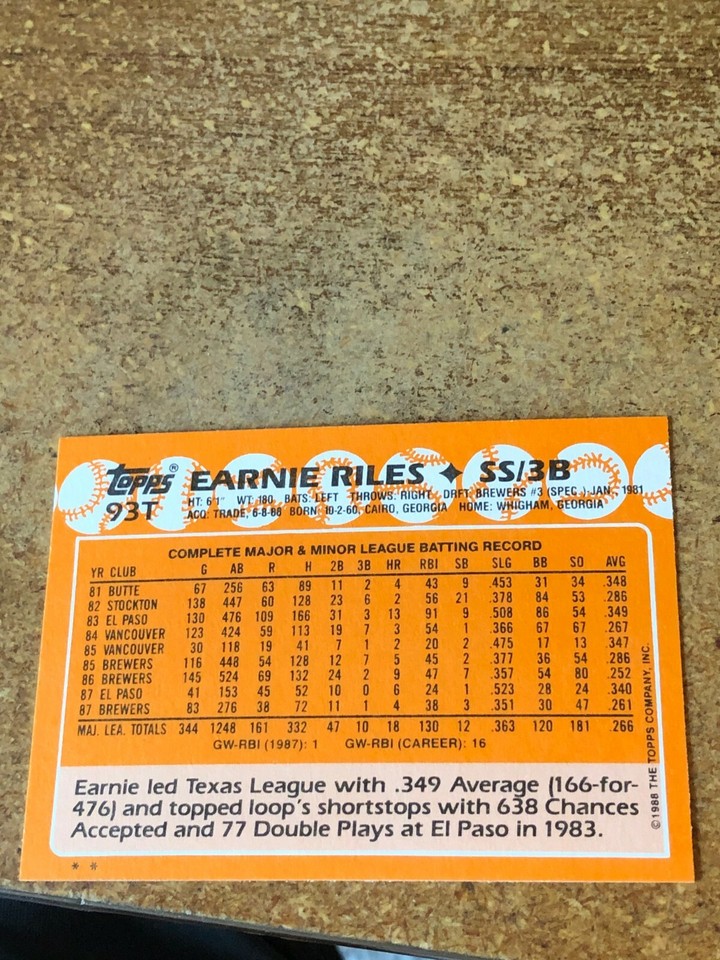 1988 Topps Traded Baseball # 93T Earnie Riles 1 | eBay
