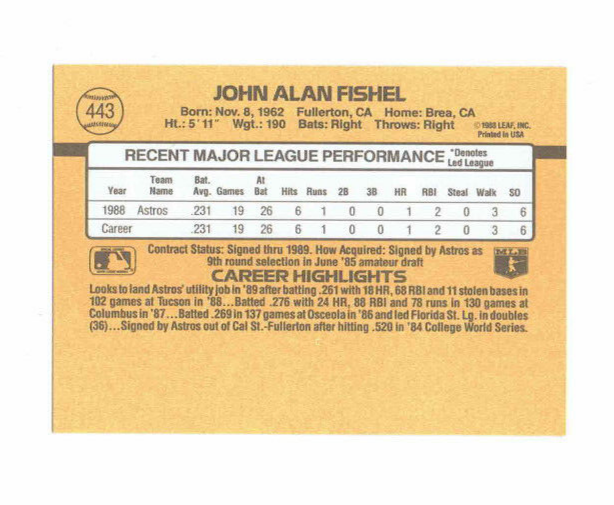 John Fishel Houston Astros OF #443 Donruss 1989 #Baseball Card | eBay